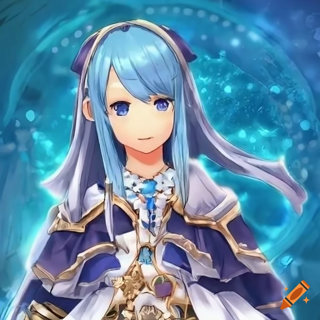 Artwork of a female character with blue hair from Rune Factory 5 on Craiyon