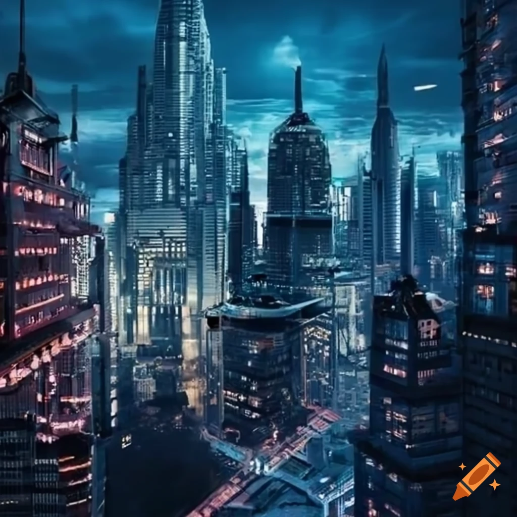 Futuristic city with electrical circuit pattern buildings on Craiyon