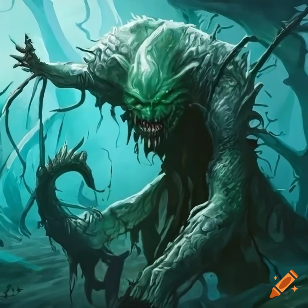 Artwork of an aquatic draconid humanoid in epic landscape on Craiyon