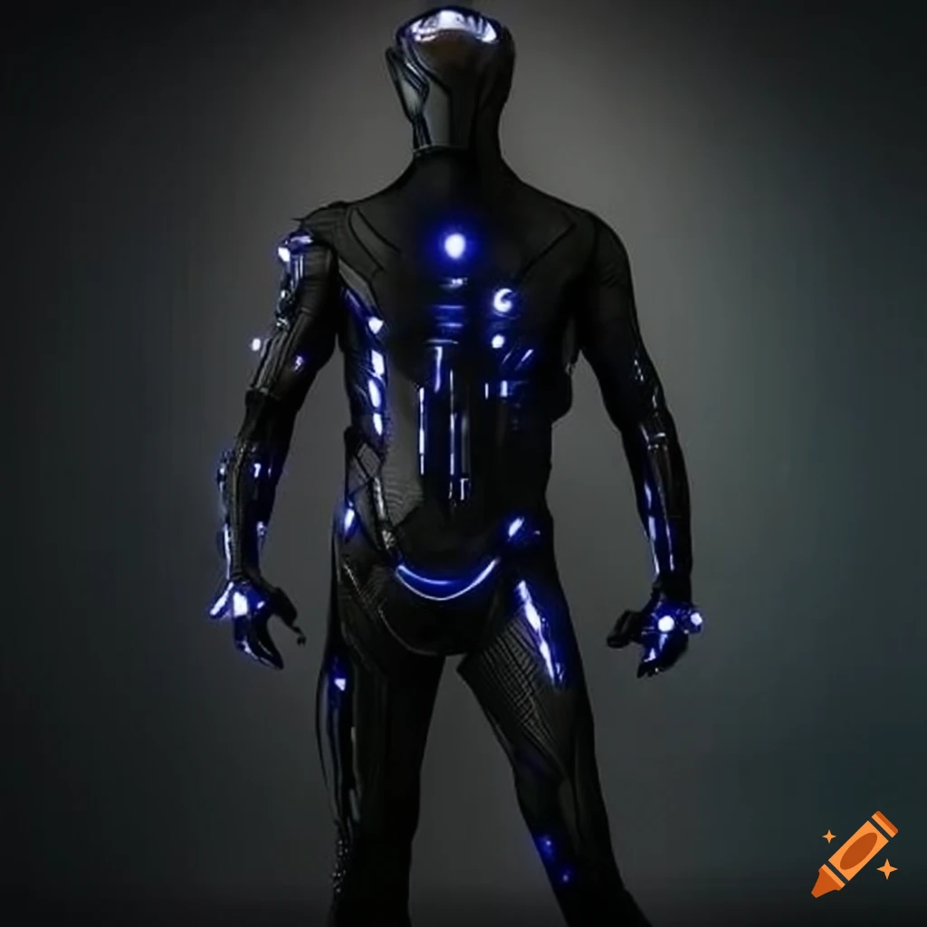 Image of a black futuristic superhero suit with lights on Craiyon