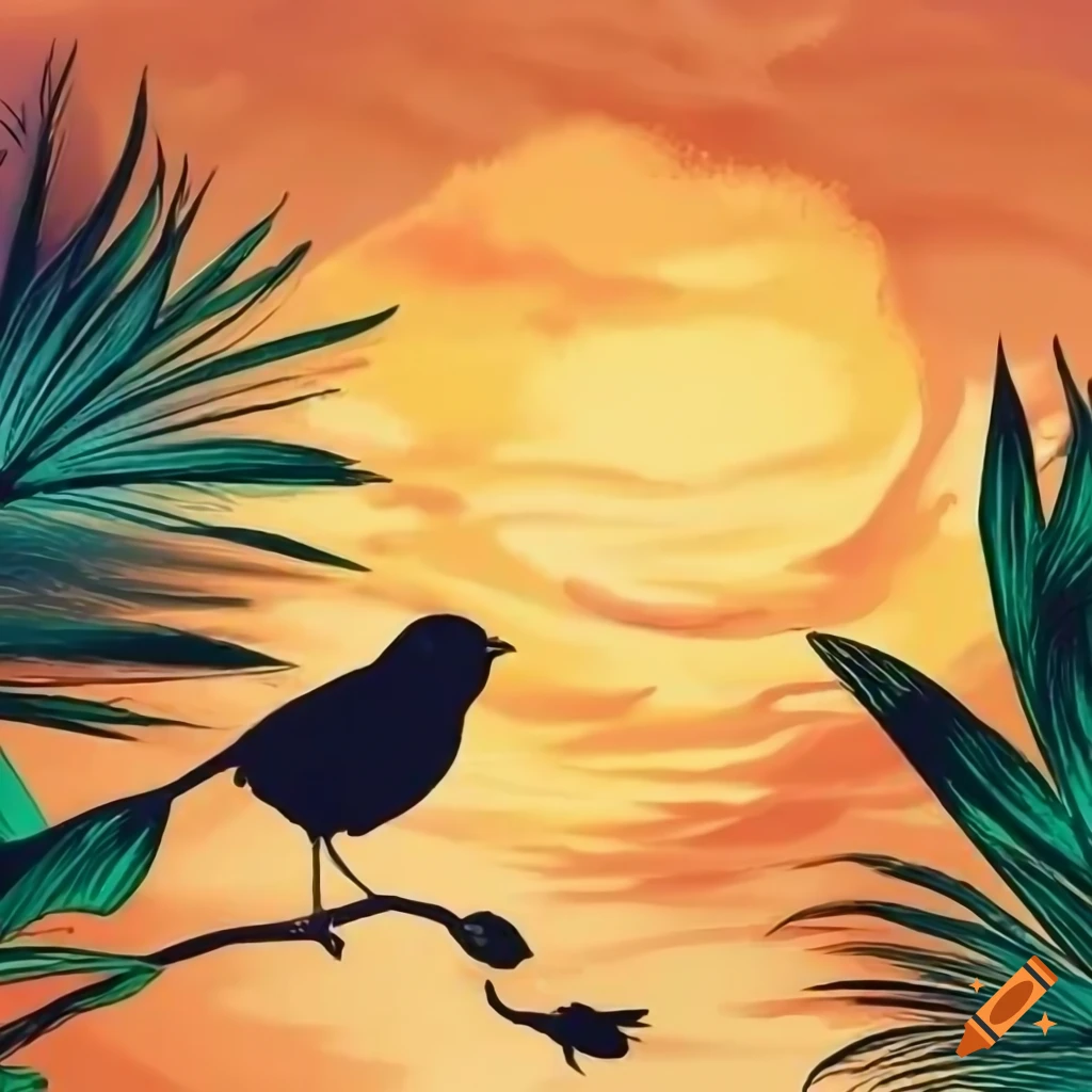 Sunset in a tropical forest with birds on palm tree on Craiyon