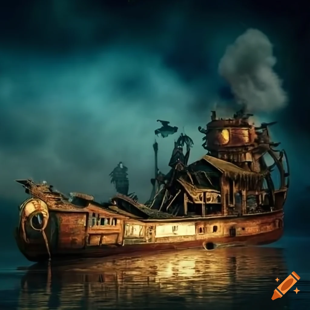 Surreal steampunk boat on the beach with ghostly figures on Craiyon