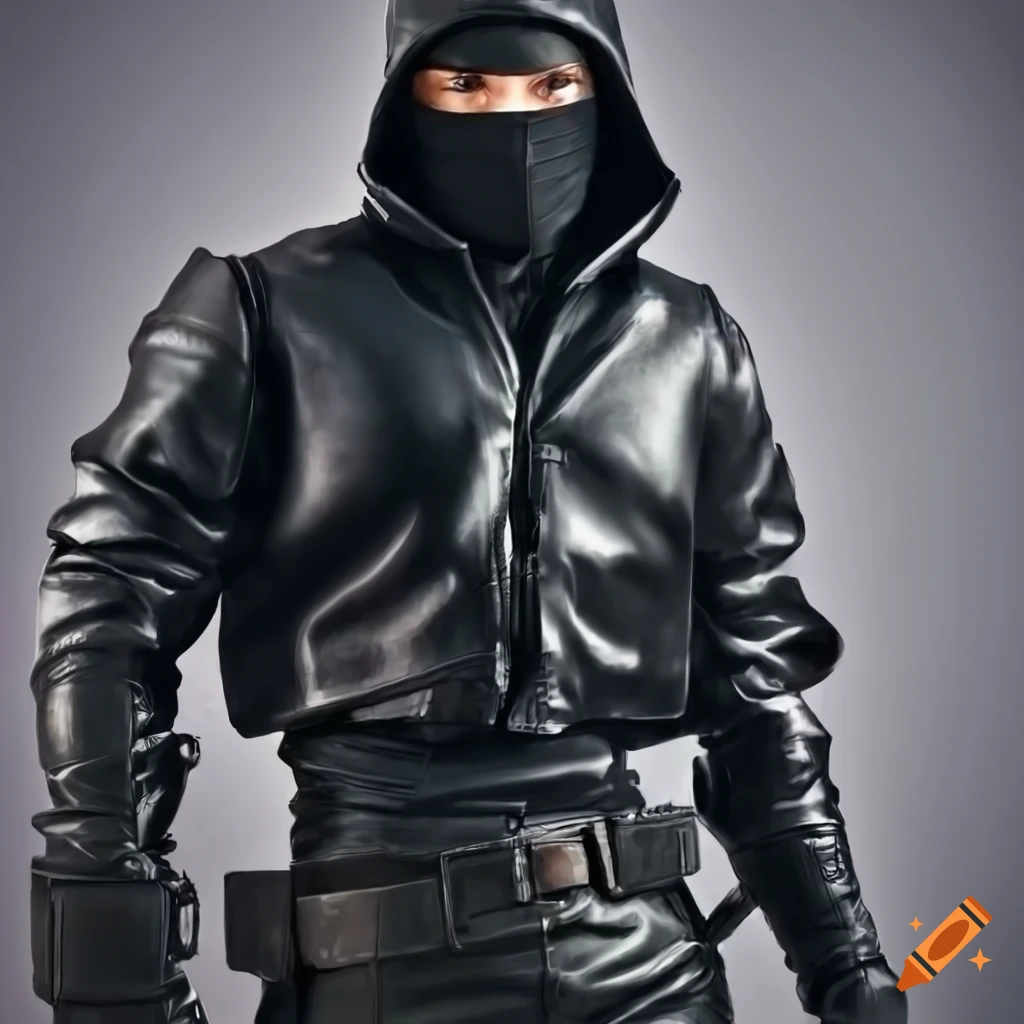 Image of a stylish action hero in black leather outfit with uzi SMG on ...