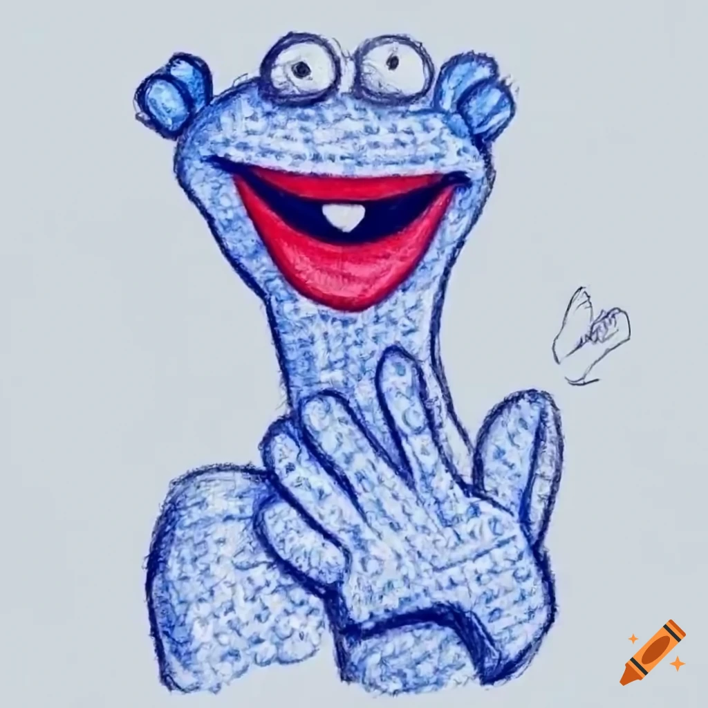 Detailed sketch of a smiling sock puppet on a small hand on Craiyon
