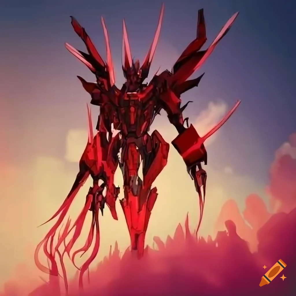 Dynamic red mecha on a vibrant anime background on Craiyon