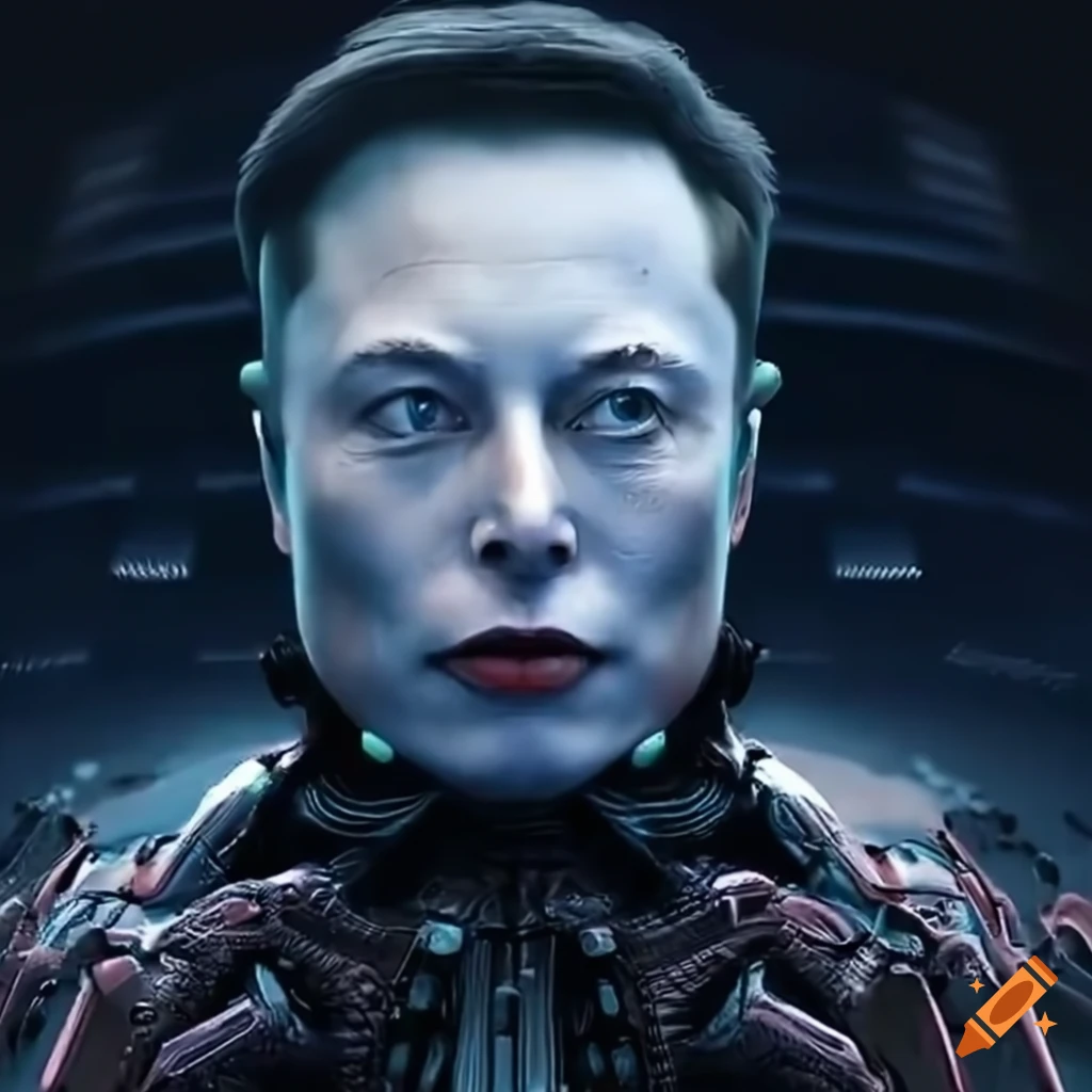 Elon Musk with a brain implant and robot on Craiyon