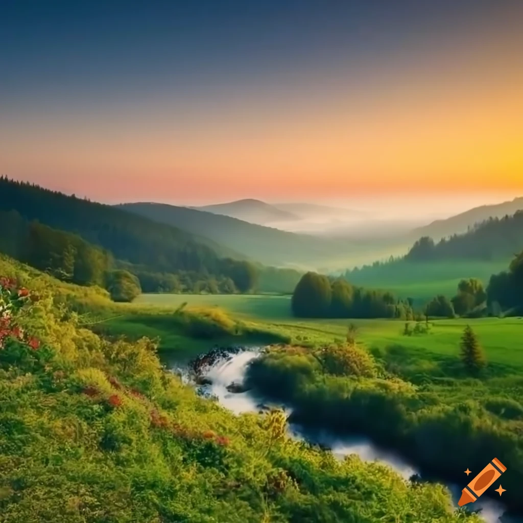 Stunning view of a valley in the morning sunlight on Craiyon