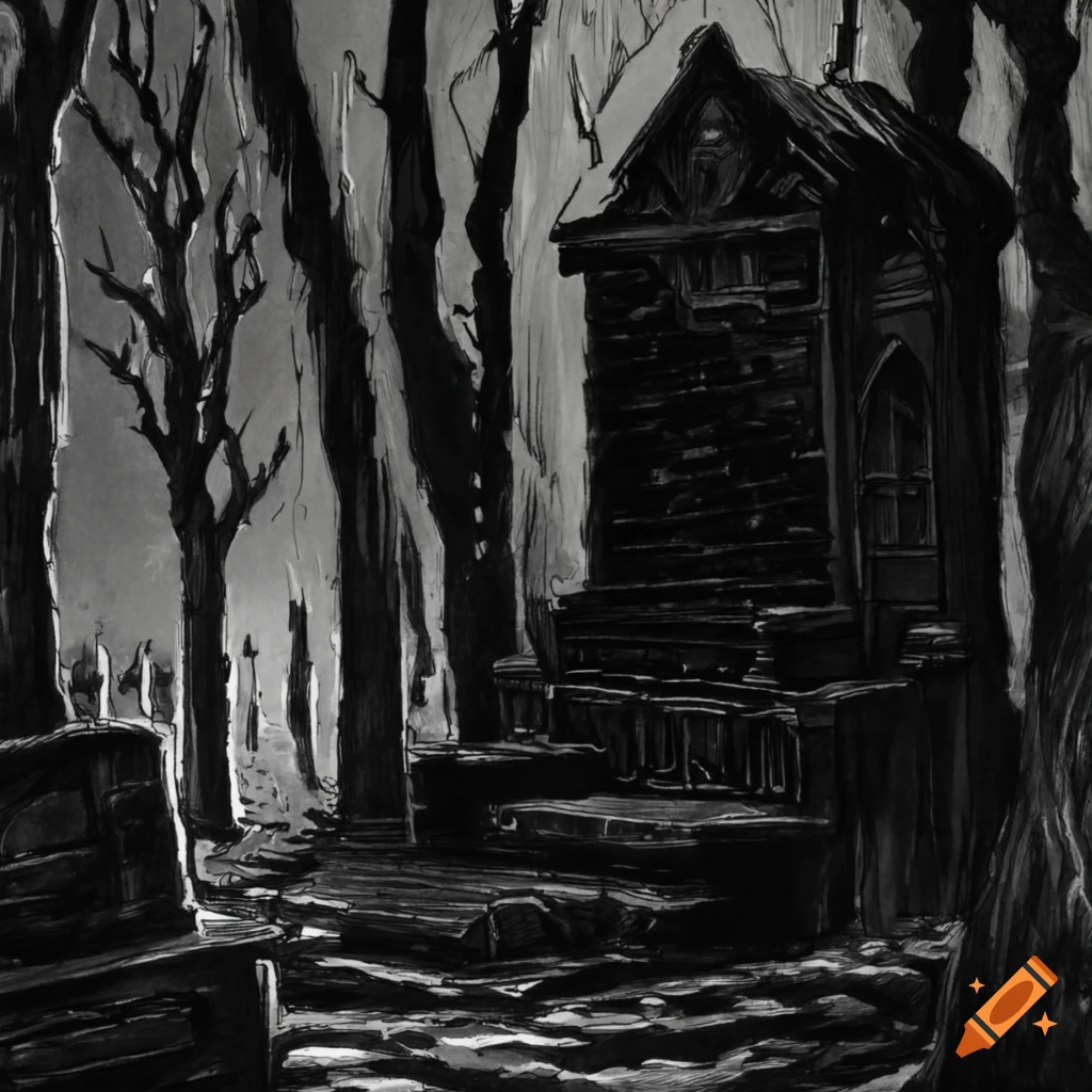 Detailed pen and ink drawing of a rainy graveyard at night on Craiyon