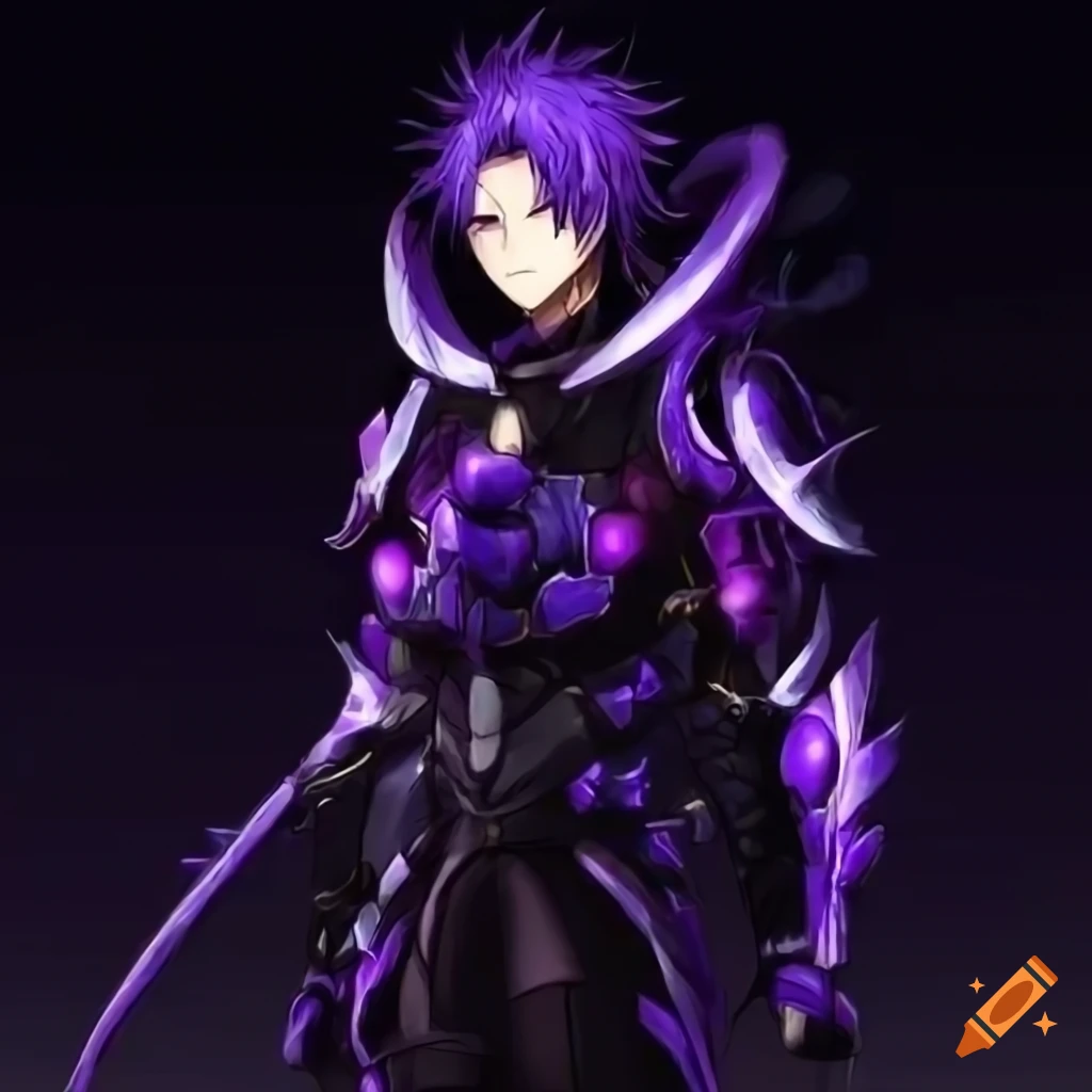 Anime-style male character in black and purple armor with glowing ...