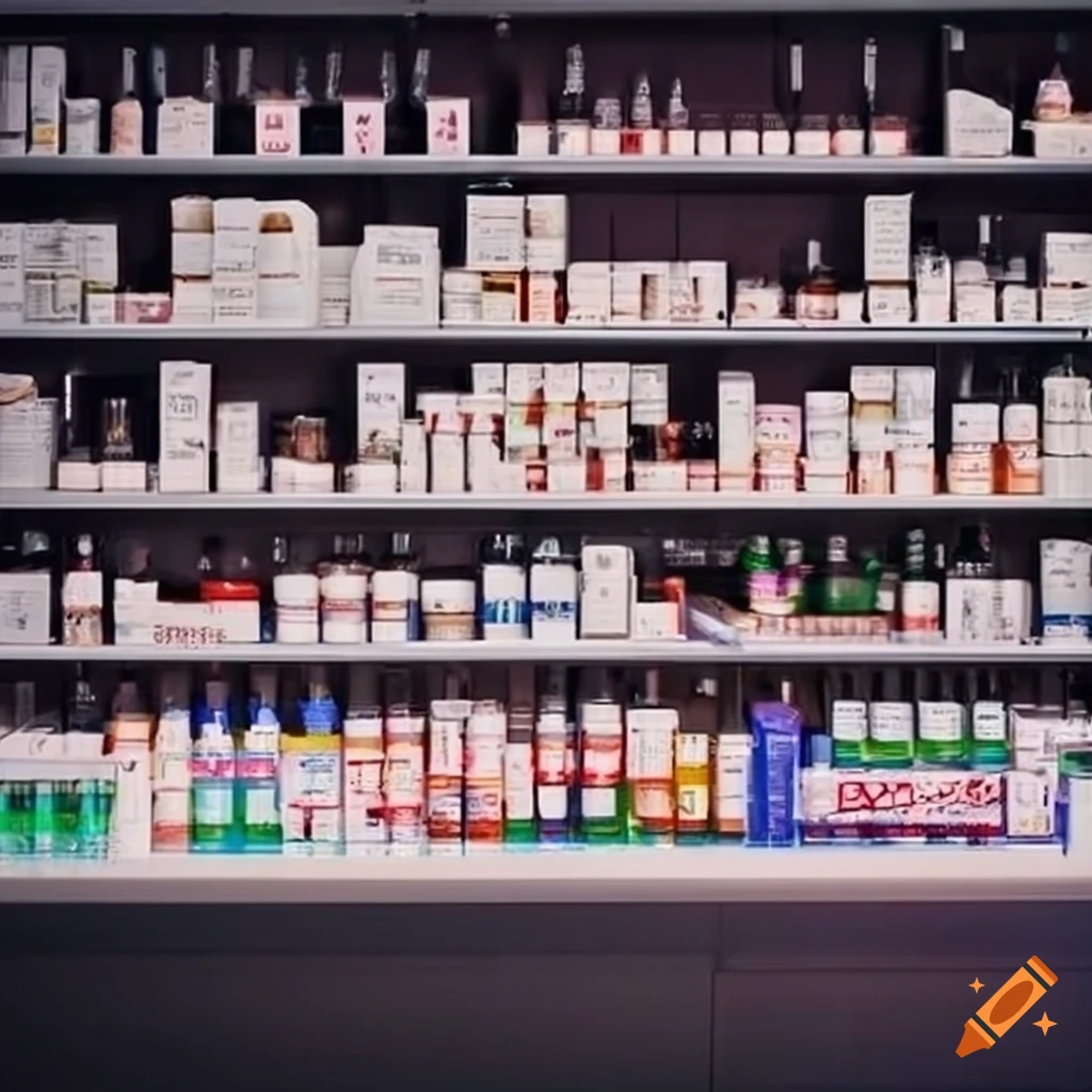 Display of various medicines on pharmacy shelves on Craiyon