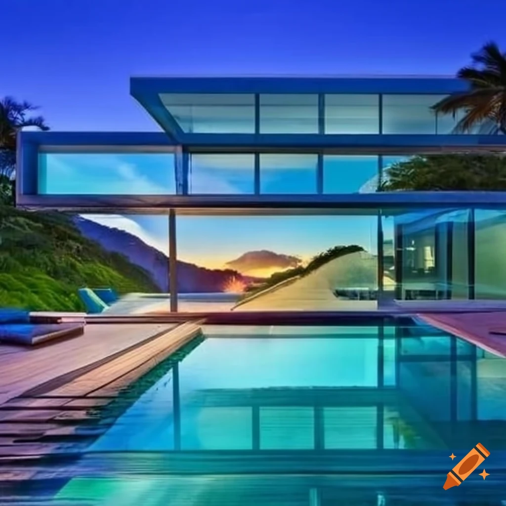 Luxurious beachfront residence with glass walls and ocean view on Craiyon