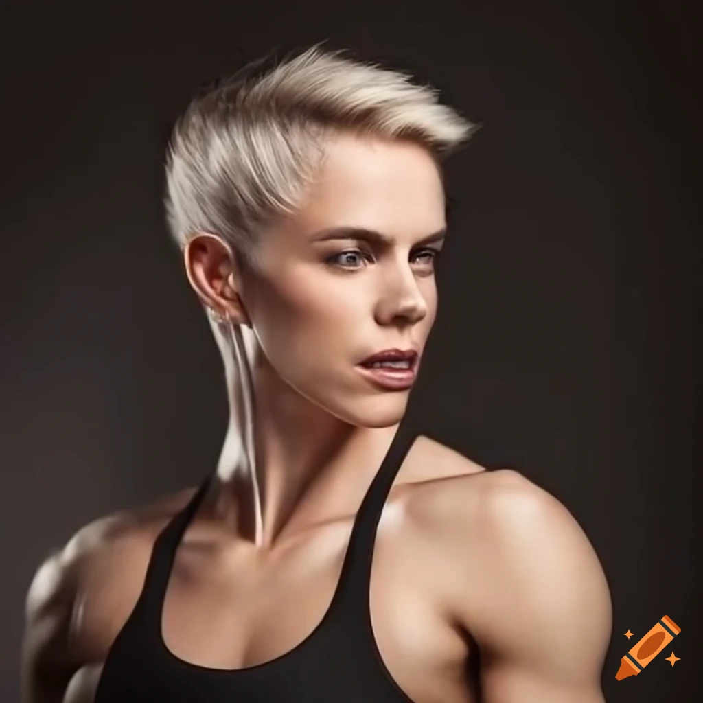 Fit woman with short blond hair in futuristic attire on Craiyon