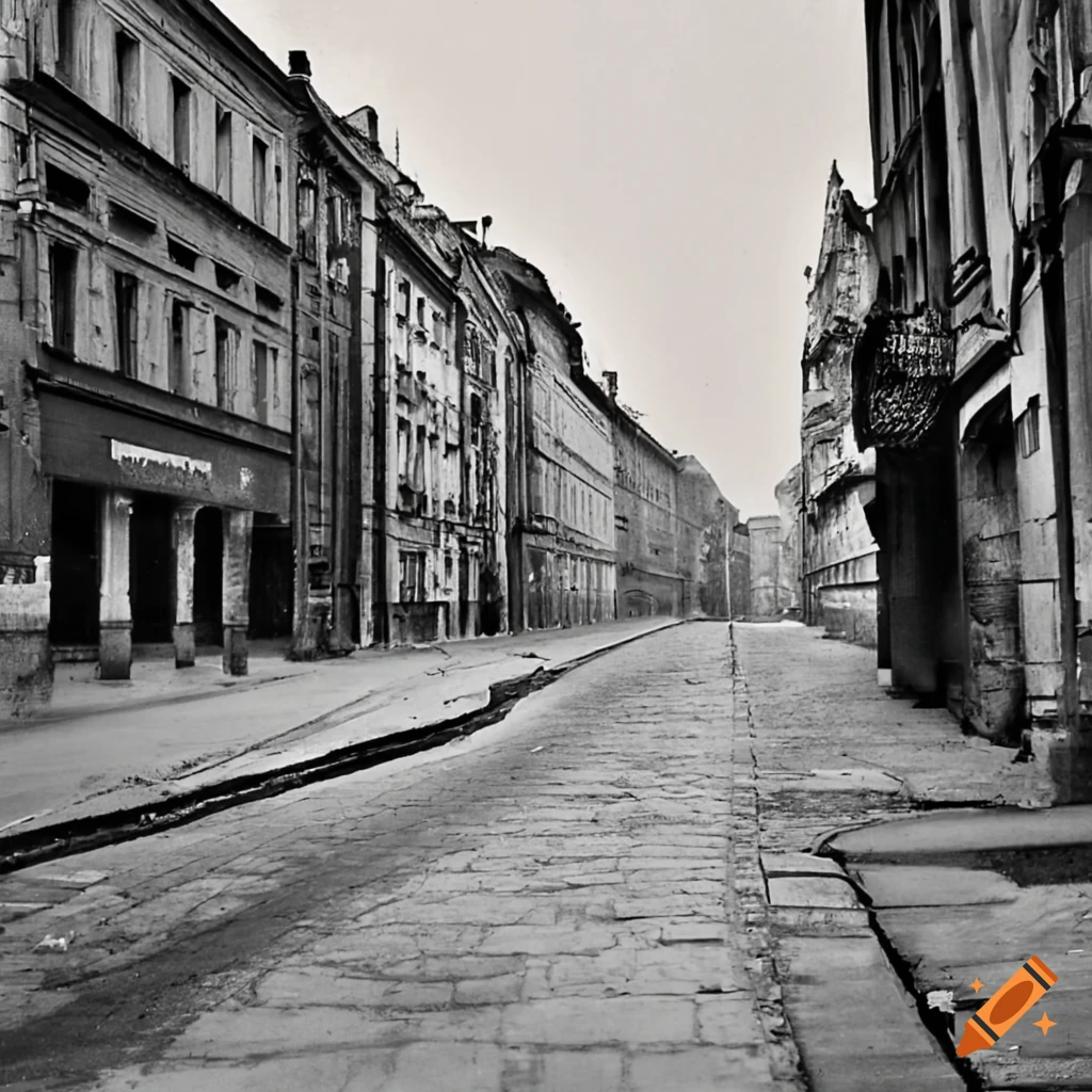Black and white photo of a deserted street in 1945 Poland on Craiyon