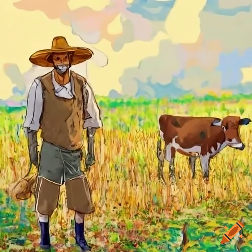 Monet-style painting of a confident farmer with a cow on Craiyon