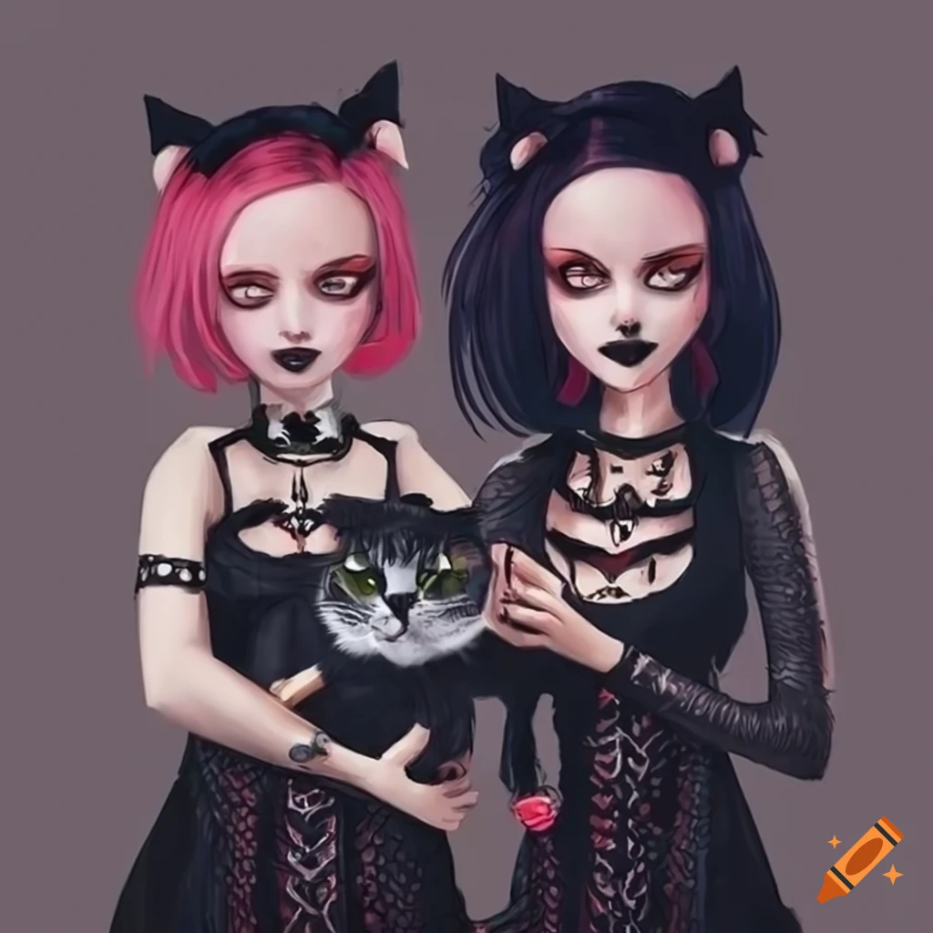 Goth girls with a fierce-looking cat on Craiyon