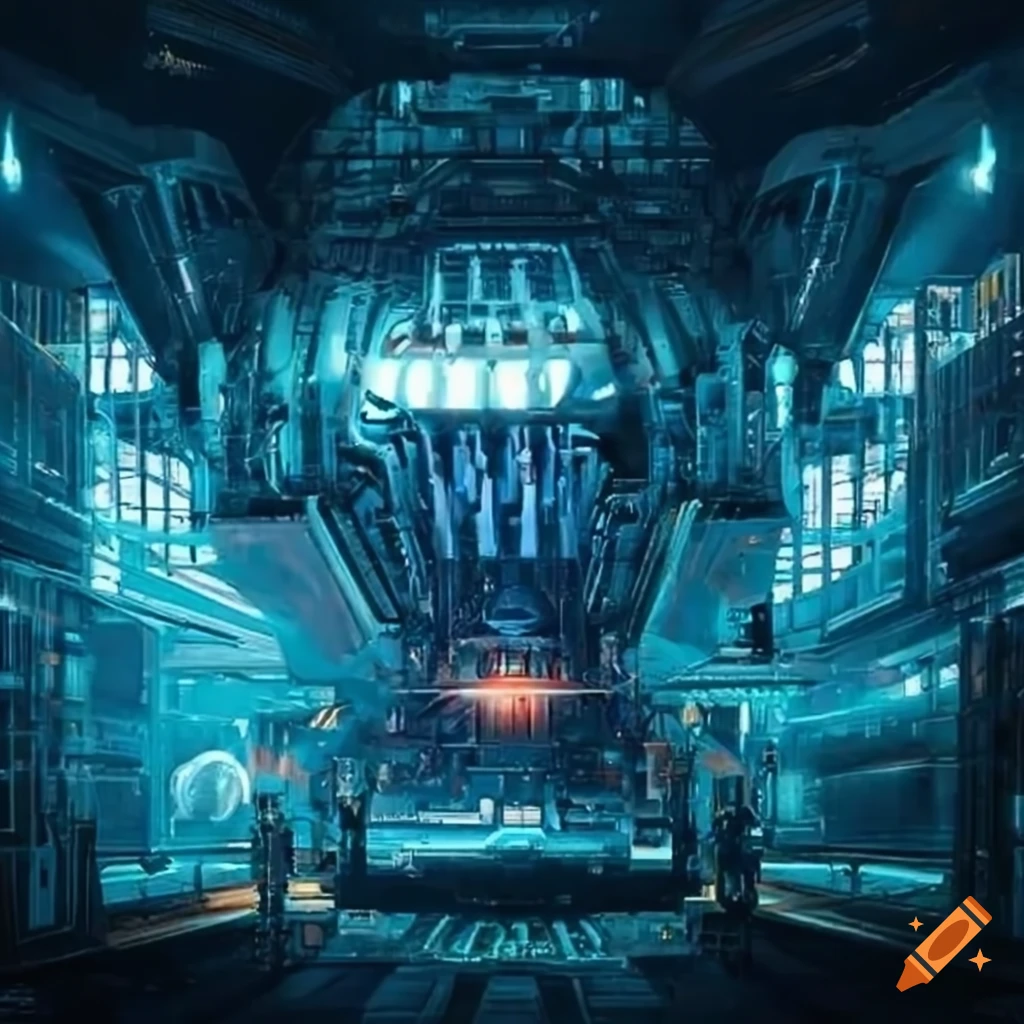 Futuristic spaceship factory with crew on Craiyon