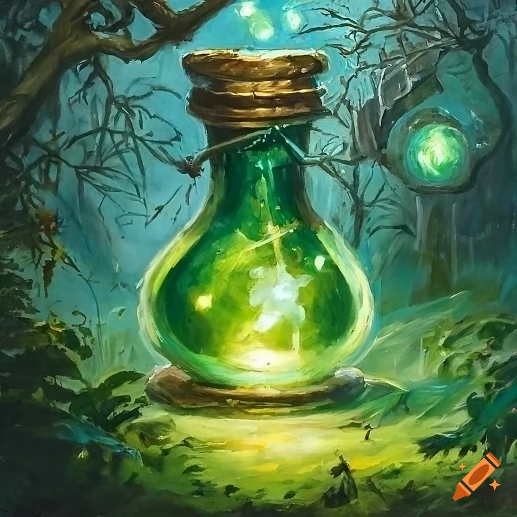 Artistic depiction of a glowing green potion in a flask on Craiyon