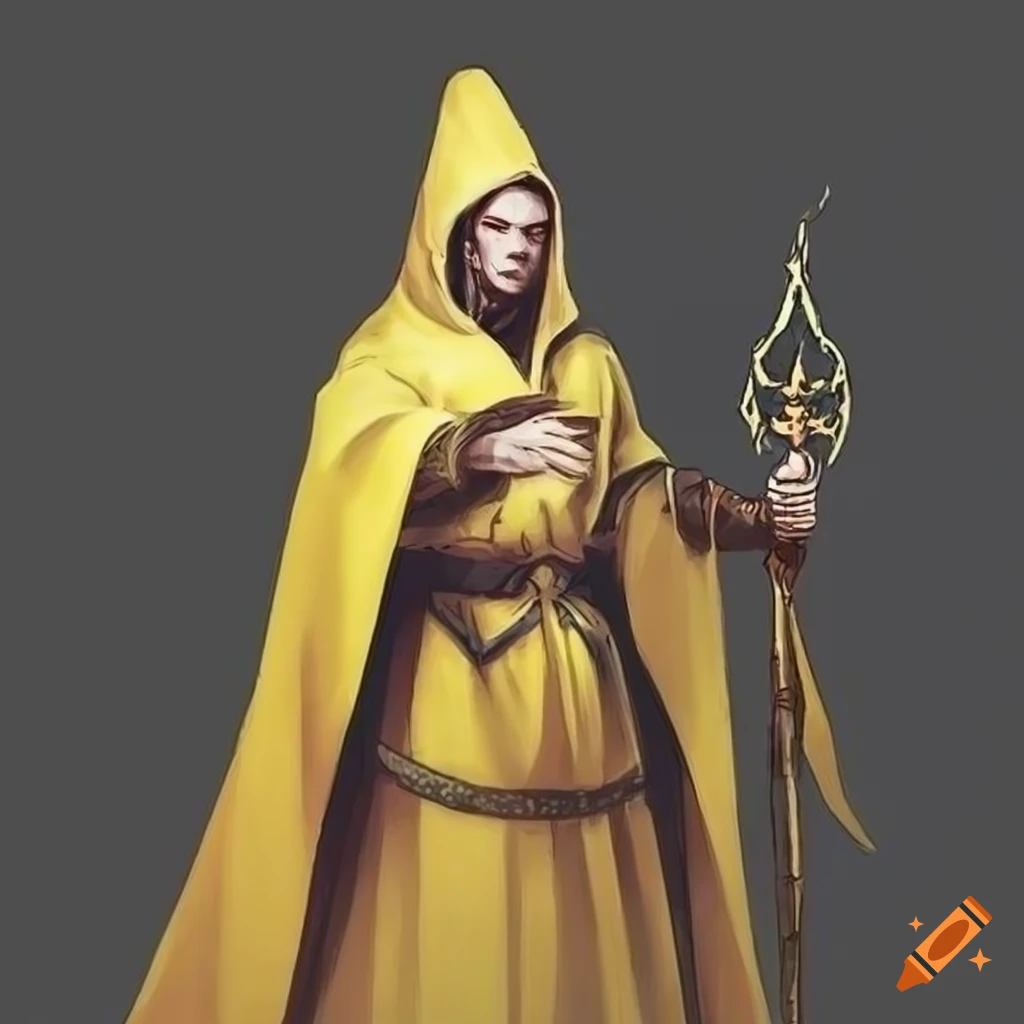 Full-body depiction of a holy cleric in a yellow robe on Craiyon