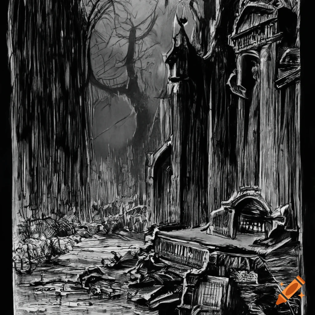 Detailed pen and ink drawing of a graveyard at night on Craiyon