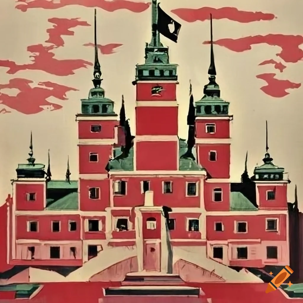 Propaganda style postcard of warsaw royal castle on Craiyon