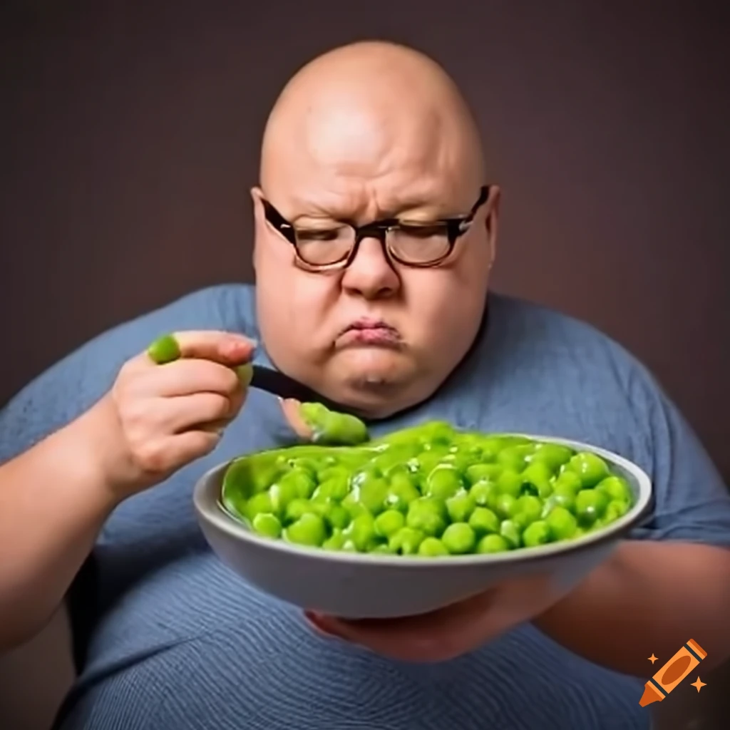 Humorous image of a sad man eating peas on Craiyon