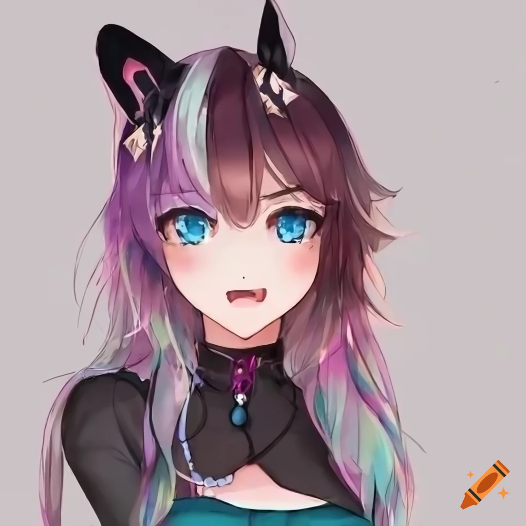 Colorful Vtuber girl with rainbow hair and blue eyes on Craiyon