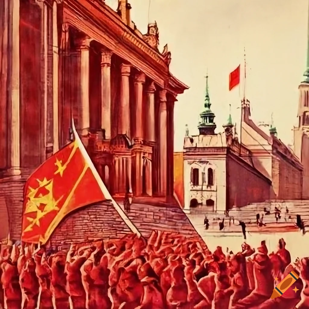 Red and white painting of warsaw royal castle in soviet propaganda style