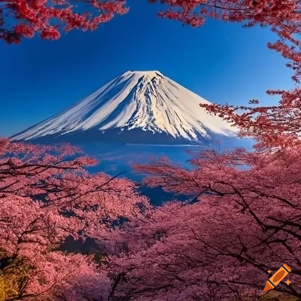 Stunning sunrise behind Mount Fuji with sakura trees on Craiyon