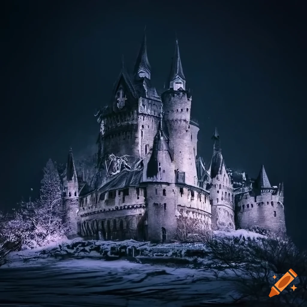 Gothic castle in a snowy night