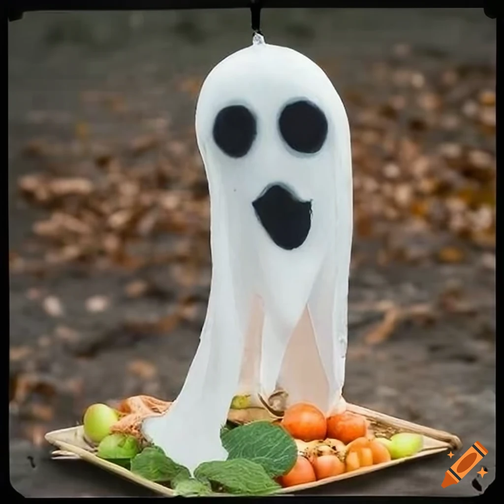 Halloween image of an eco-friendly ghost with leaves and fruits on Craiyon