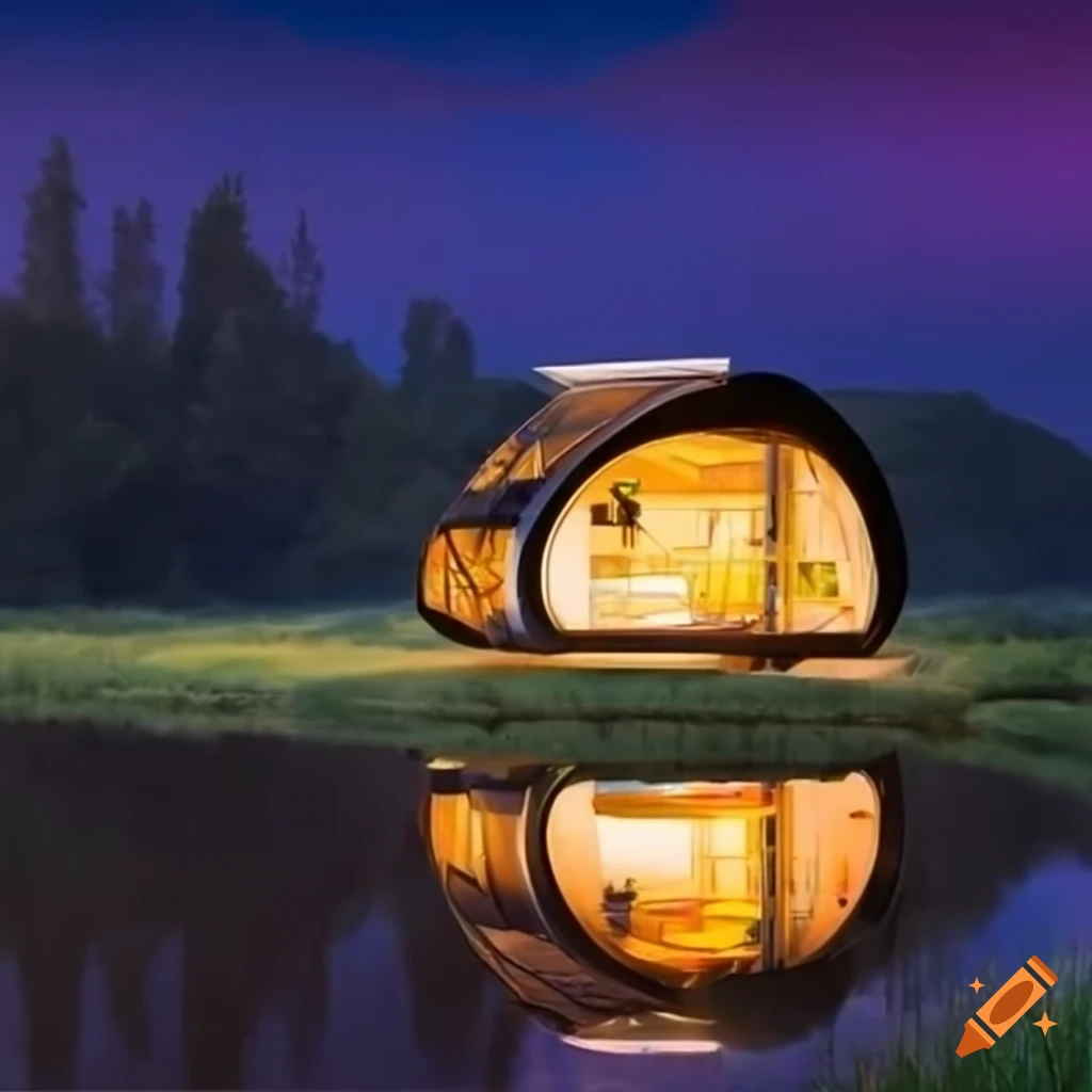 Futuristic camping pod overlooking neon-lit river on Craiyon