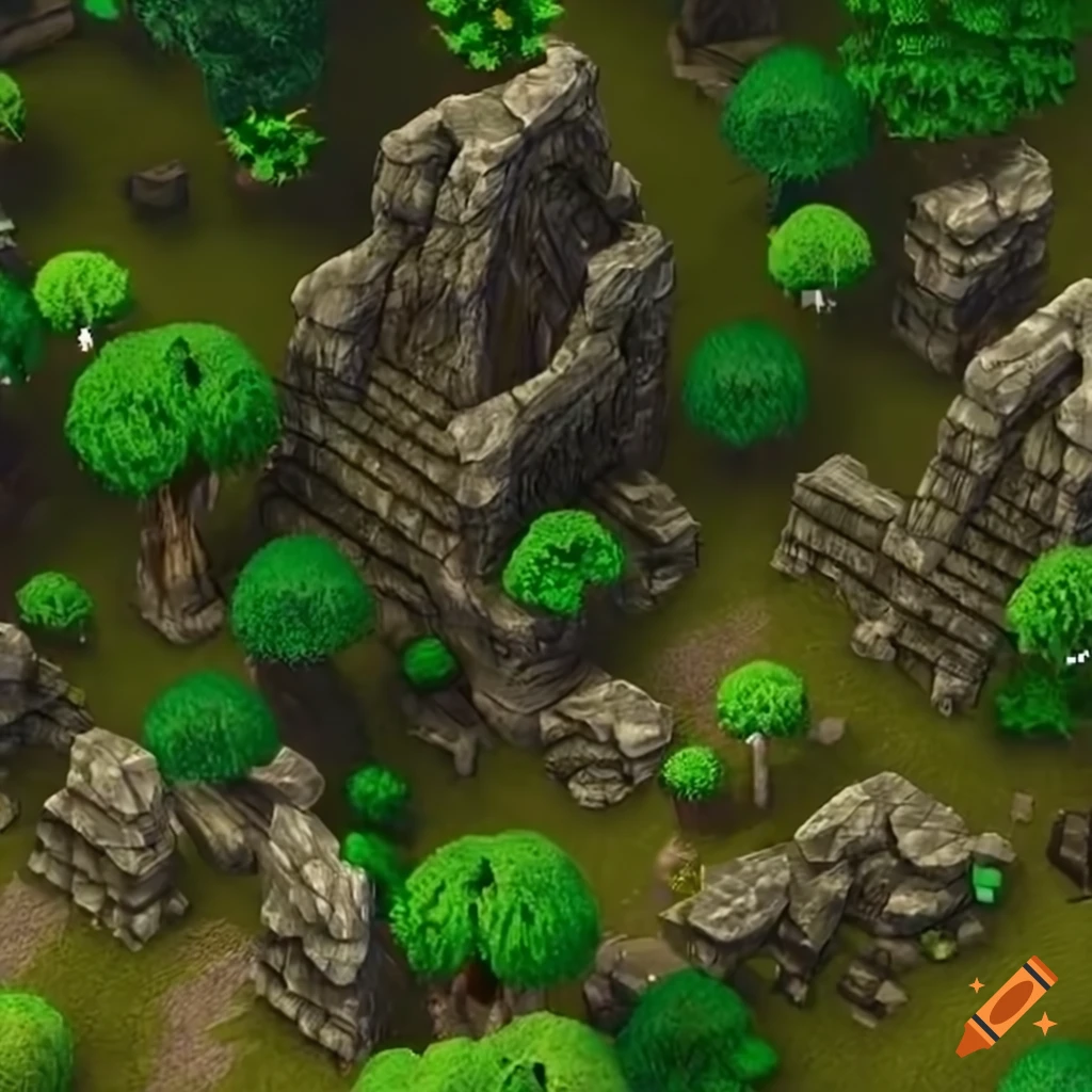 3d game jungle with stone ruins and flowing water on Craiyon