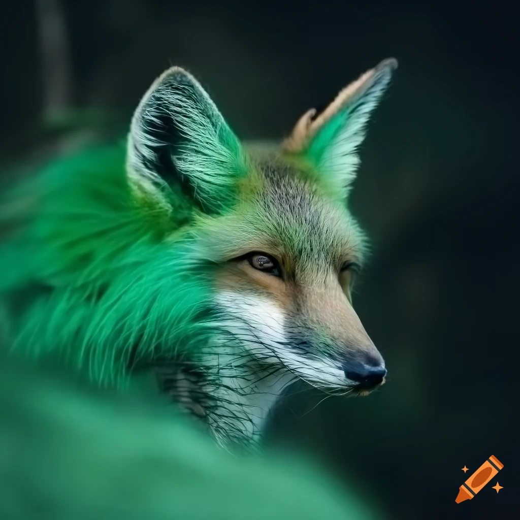 Closeup of a vibrant green fox in the jungle on Craiyon