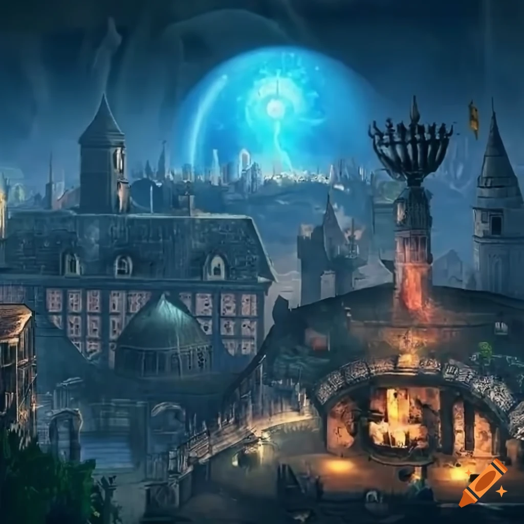 Image of a magical medieval city with a protective dome on Craiyon