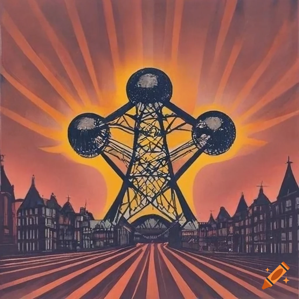 Soviet-style propaganda postcard of the atomium in black, yellow, and ...
