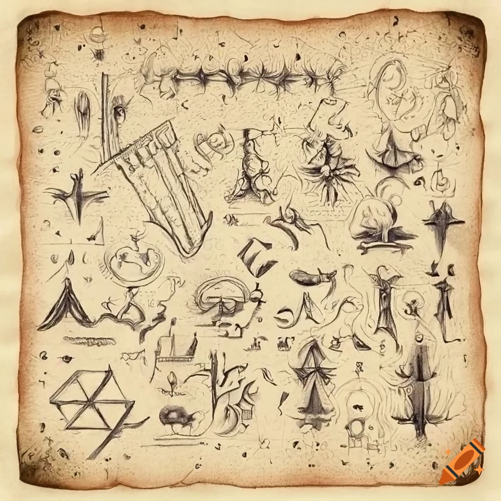 Pencil drawing of intricate symbols on parchment on Craiyon