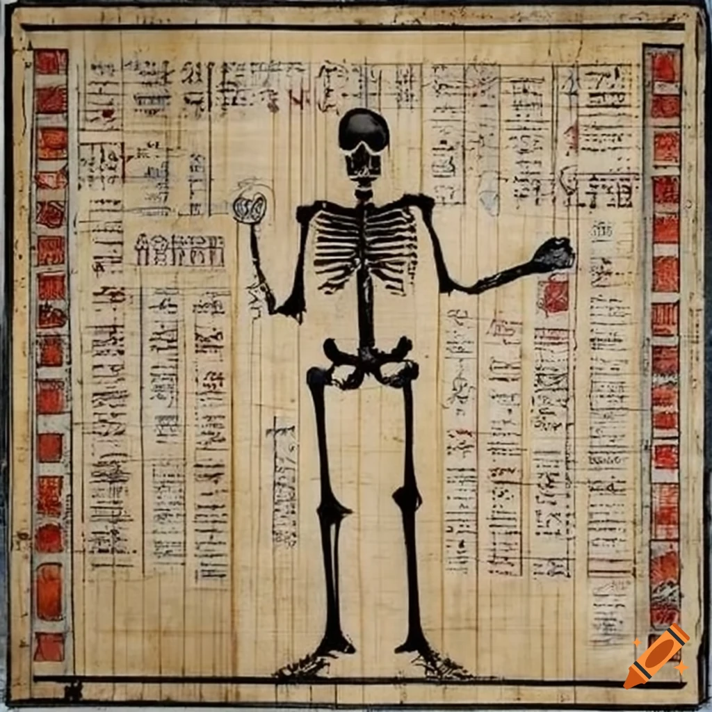 Ancient skeleton depicted on papyrus on Craiyon