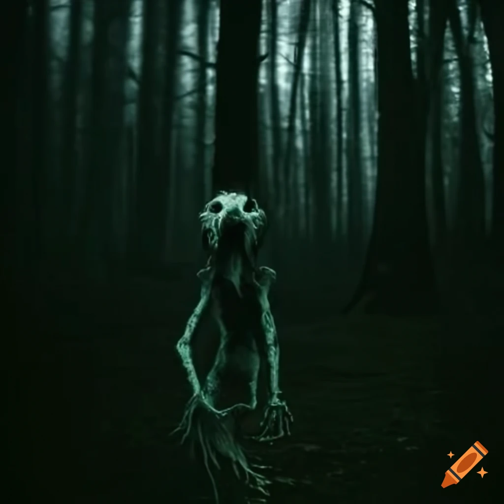 Illustration of a scary wendigo in a dark forest on Craiyon