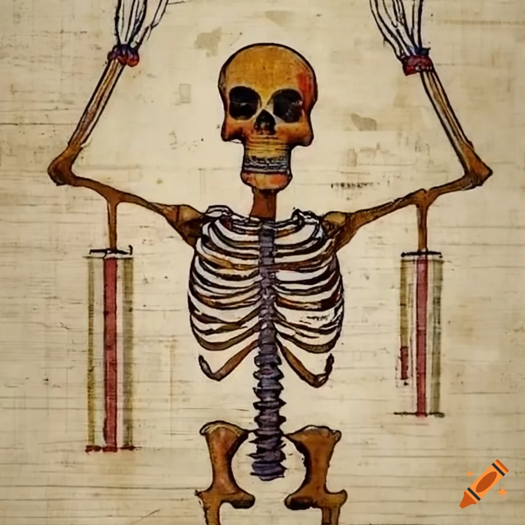 Aged depiction of an ancient skeleton on papyrus