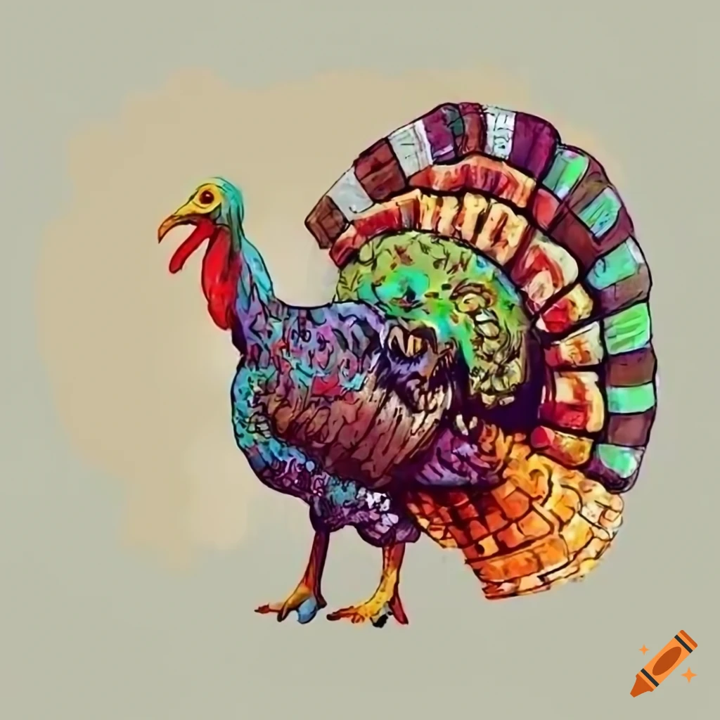 Vibrant psychedelic horror illustration of a zombie turkey on Craiyon
