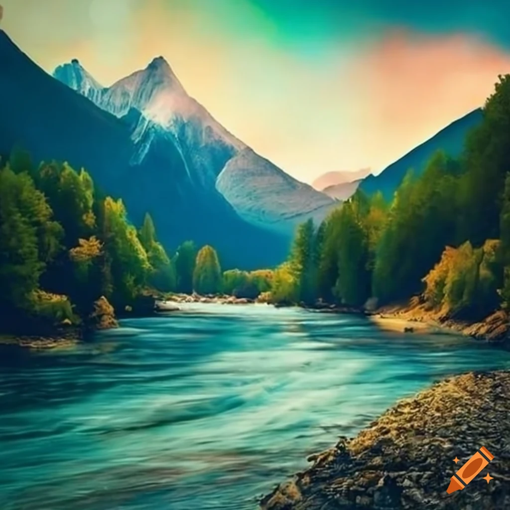 Scenic view of mountains and river on Craiyon