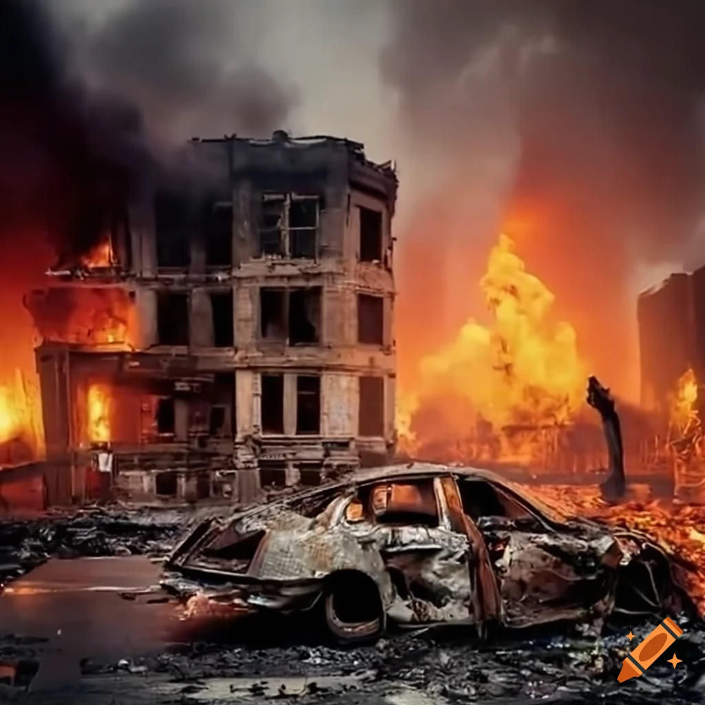 Ruined and burning street in chicago on Craiyon