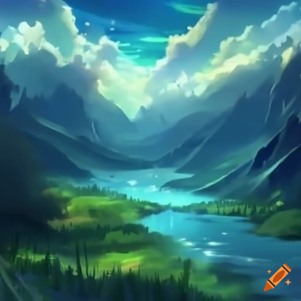 Anime landscape with a wide river and mountains on Craiyon