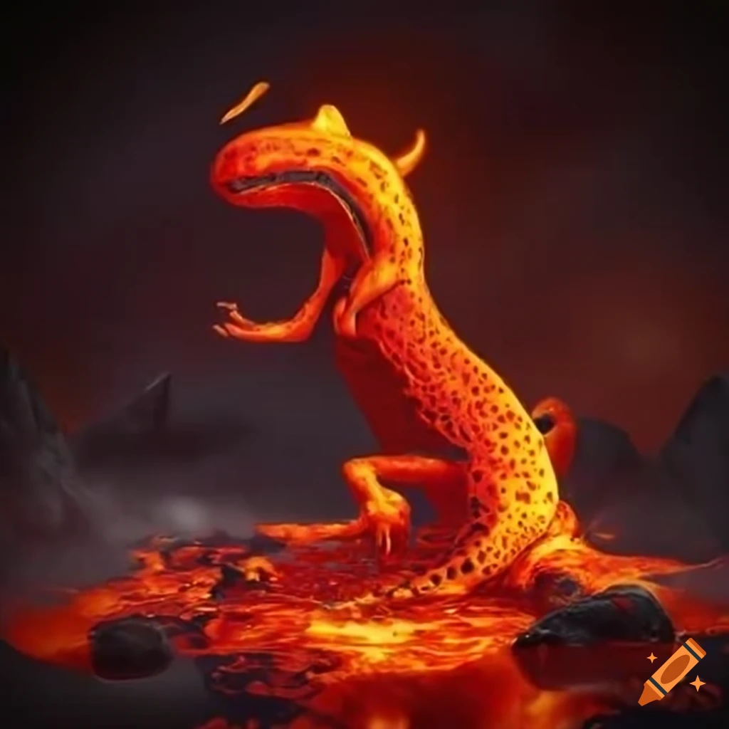 Red salamander-like creature in fiery pool on Craiyon