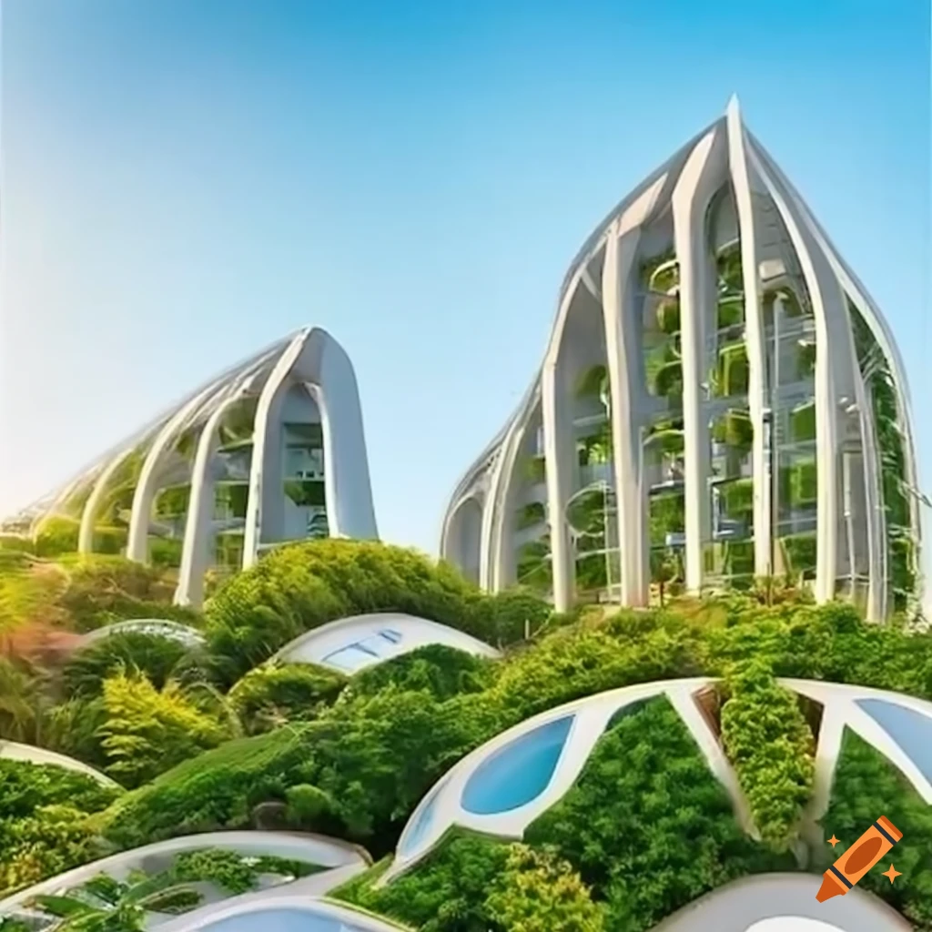 Futuristic buildings with abundant greenery on Craiyon