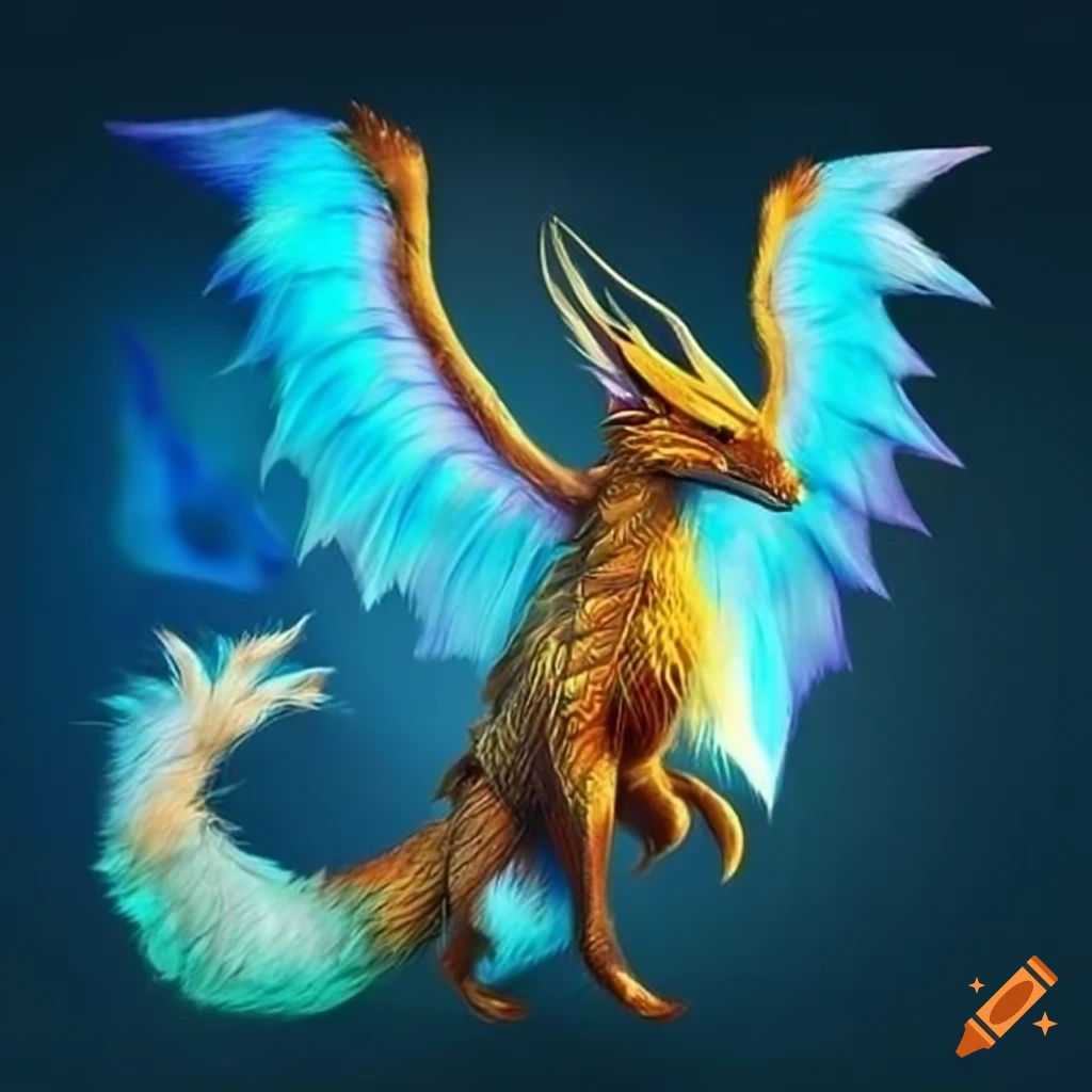 Digital art of a mystical dragon-fox with blue fur and golden wings on Craiyon