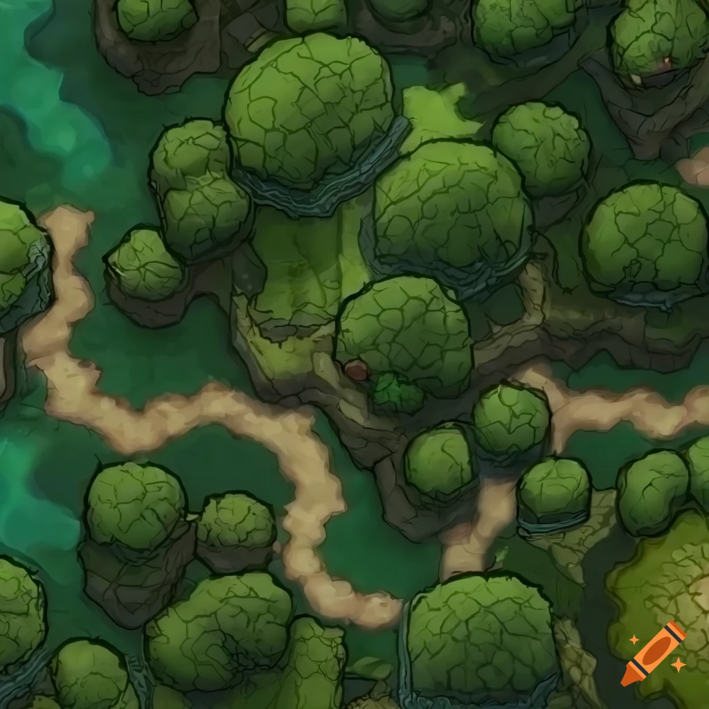 Top down view RPG map of a lush jungle on Craiyon