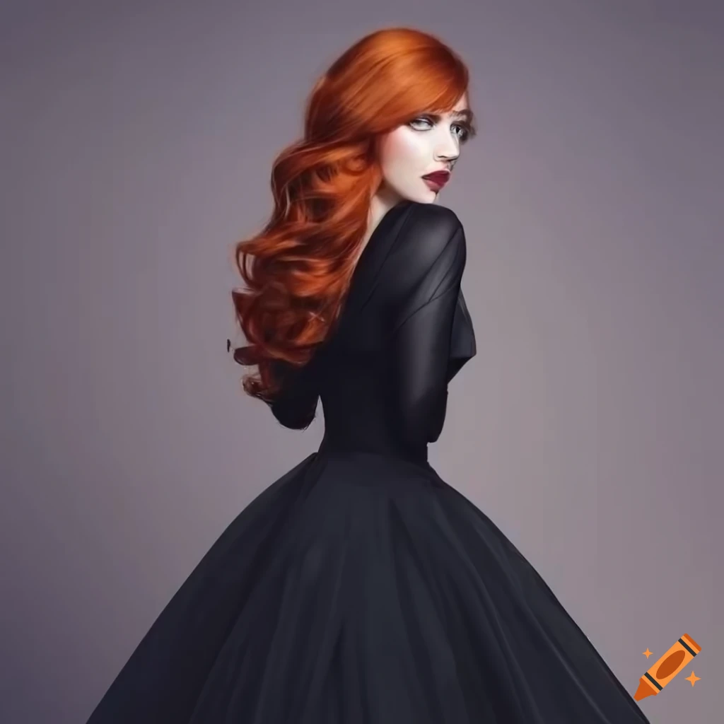Elegant Woman With Red Hair And Blue Eyes In A Black Gown On Craiyon