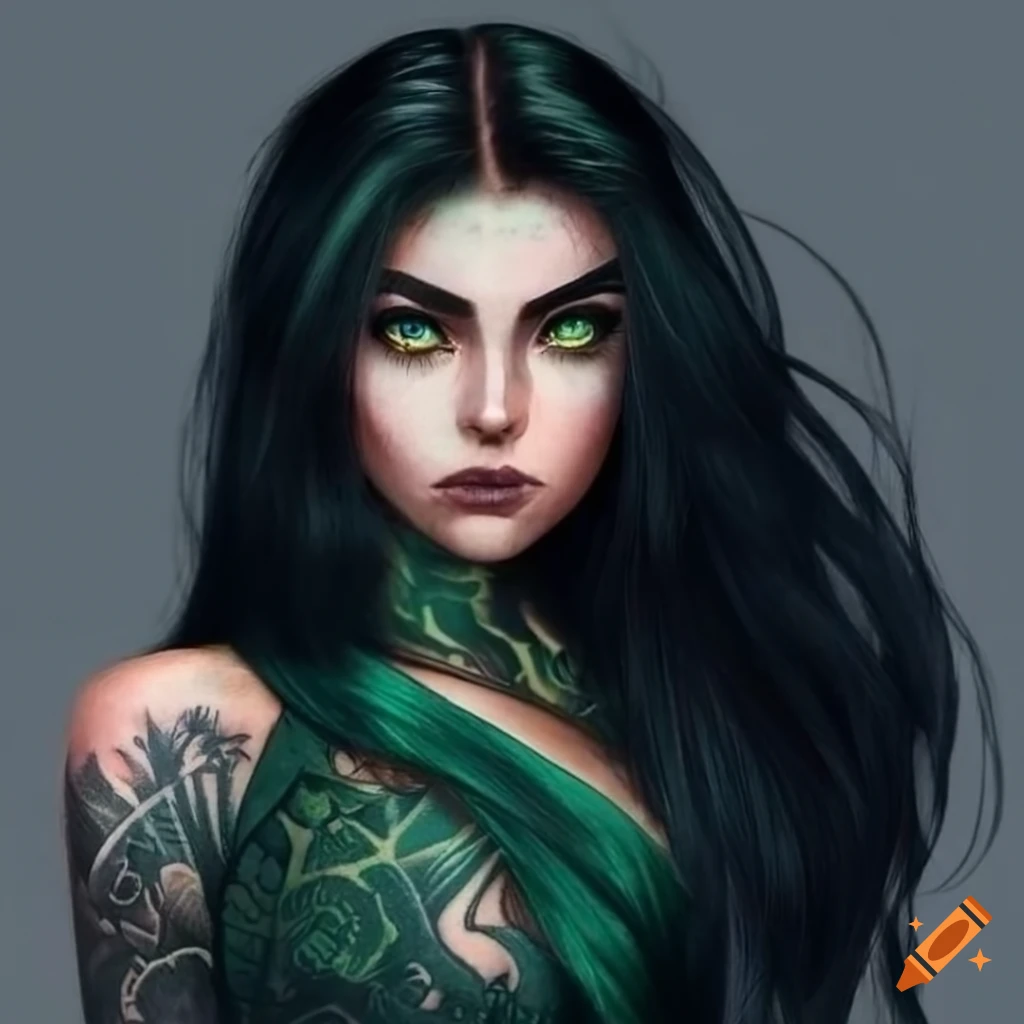 Artistic depiction of a fierce and beautiful woman with tattoos on Craiyon