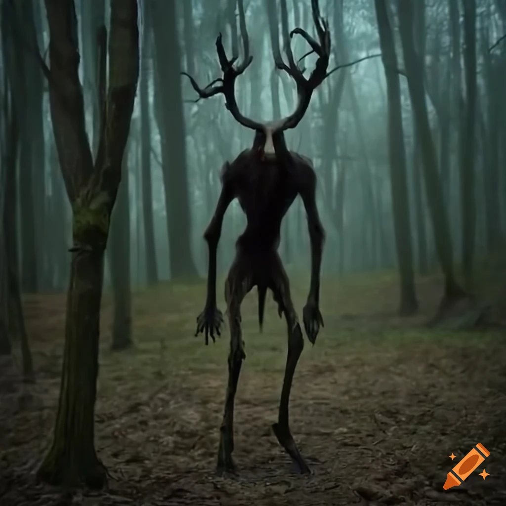Illustration of a scary Wendigo in a dark forest on Craiyon
